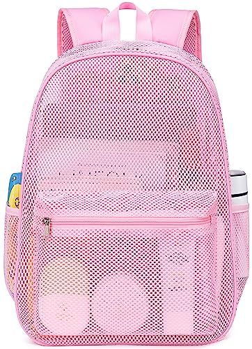 LEDAOU Mesh Backpack for Kids Girls Semi-Transparent Mesh School Backpack Bookbag Lightweight Casual Daypacks for Beach Gym(Pink)