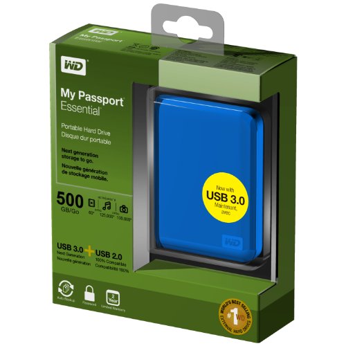 WD My Passport Essential 500 GB USB 3.0/2.0 Portable External Hard Drive (Pacific Blue)