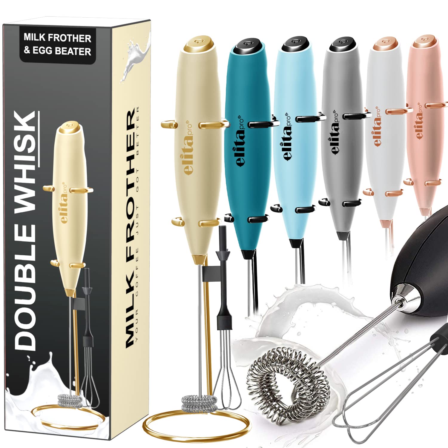 ELITAPRO ULTRA-HIGH-SPEED 19,000 RPM, Milk Frother DOUBLE WHISK, Unique Detachable EGG BEATER and STAND For quick preparation (Ivory/Gold)