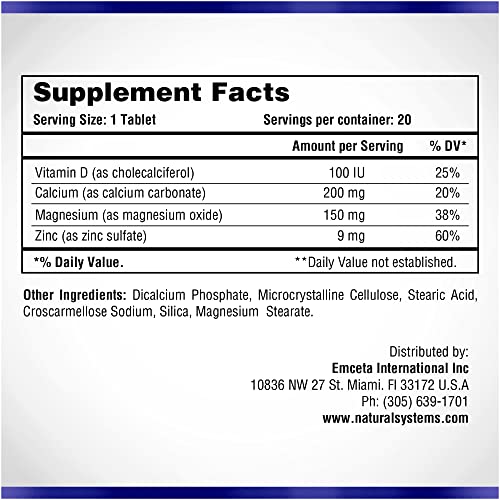 Calcium Magnesium Zinc Vitamin D Supplement 60 Tablets by Natural Systems - Calcium Magnesium Zinc and Vit D Supplements for Strong Immune System - Magnesium Supplement for The Immune System