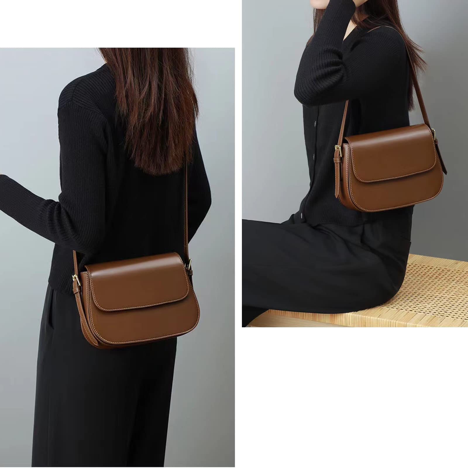 Crossbody Bag for Women, Small Cellphone Handbag Flap Saddle Purses Shoulder Bags with Adjustable Strap (Brown)