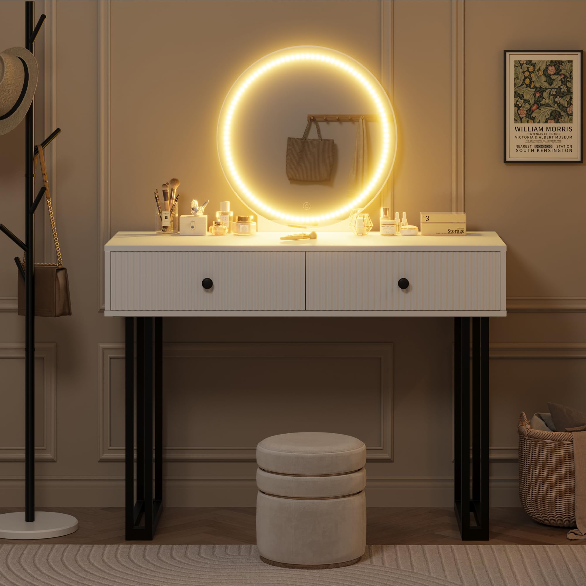 GarveeHome Vanity Desk with Mirror and Lights, Small Makeup Vanity with 2 Drawers, Modern Vanity Organizer with 3 Color Lights&Adjustable Brightness, Dressing Table for Bedroom, White