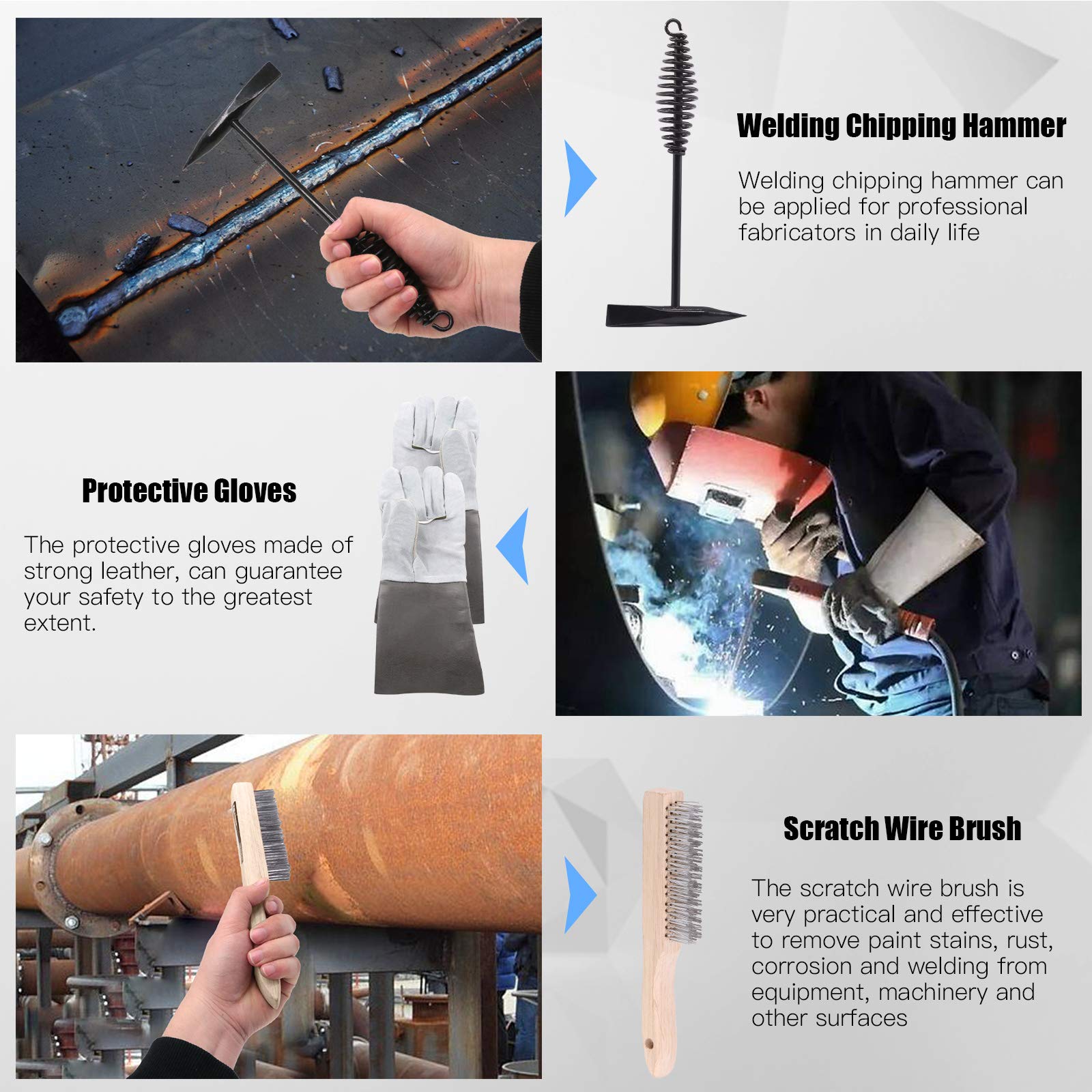 Glarks 4Pcs 10'' Welding Chipping Hammer with Coil Spring Handle and Wire Brush with a Pair Welding Gloves for Removing Slag and Welding Residue
