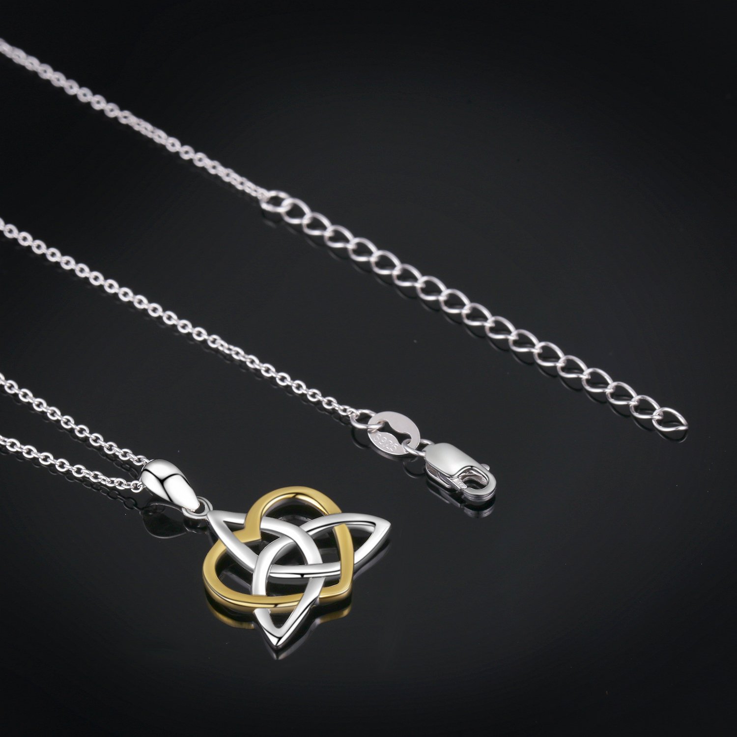 Cuoka Celtic Knot Necklace, 925 Sterling Silver Women's Triangle Irish Trinity Jewelry, 18" Rolo Chain, Heart Pendant, Celtic Culture Enthusiasts Gift