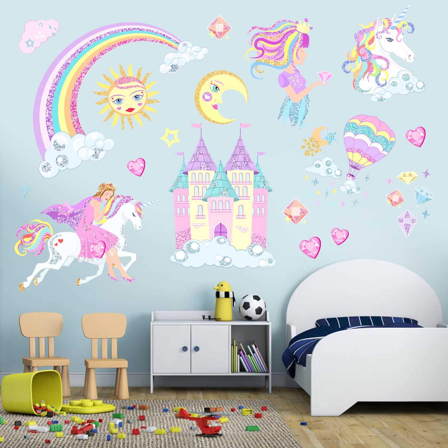 Castle Unicorn Wall Decals Princess Reflective with Heart Rainbow Vinyl Wall Stickers Gifts for Baby Girls Bedroom Party Decoration (3PCS)