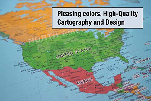 Laminated World Voyager Map Poster | Bright Style Map | Includes The Most Legible Location Labels | 36β x 24β | Shipped Rolled in a Tube, Not Folded | Great for The Home or Classroom