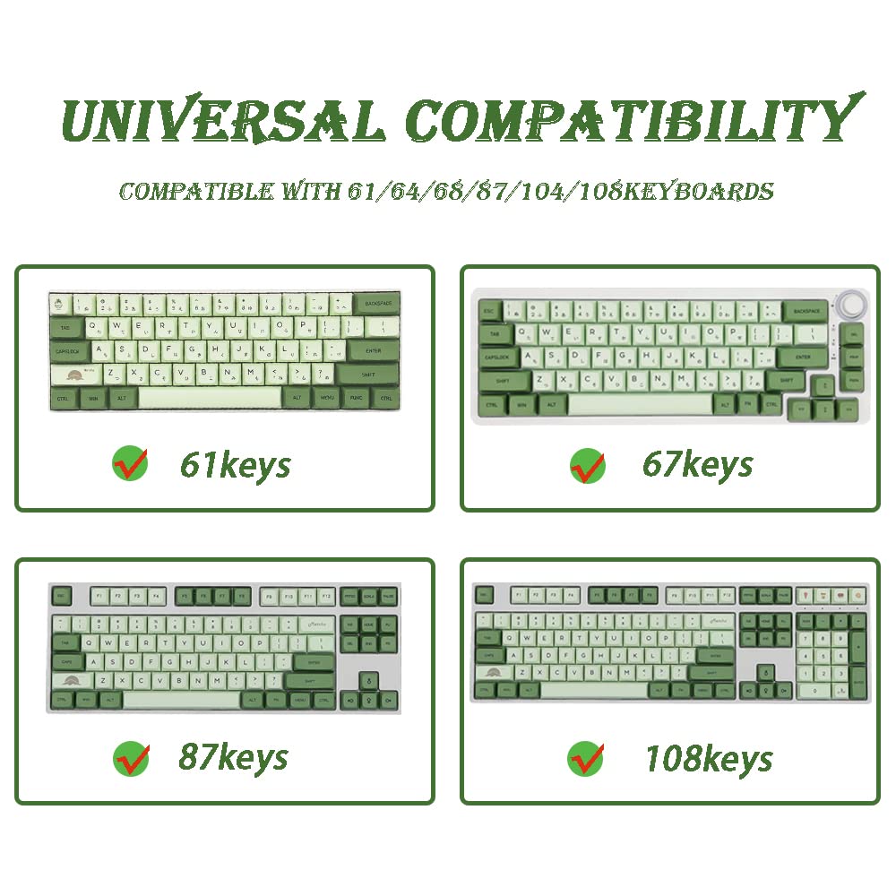 PBT 124 Keys XDA Profile Dye-Sub Matcha Keycaps,ANSI Layout Keycap Suitable for 61/64/87/104/108 Mechanical Gaming Keyboard(Keycaps only)