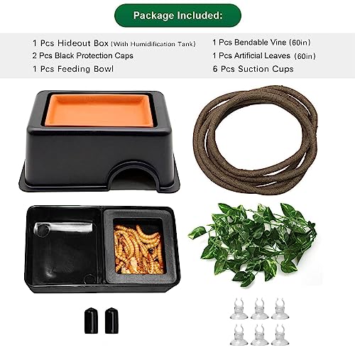 Woyrise Reptile Hide Box with Sink Humidifier Gecko Hideout Cave Lizards Hideaway with Flexible Vine Decor and Bowl for Bearded Dragons Lizards Spiders Snakes