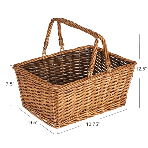 Household Essentials Woven Market Basket, Handwoven Willow Weave, Stylish Handles with Durable Metal Anchors, Classic and Versatile, Attractive, Spacious, Lightweight, Brown Stain