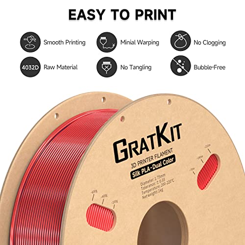 Gratkit Silk Dual Color PLA Filament, Coextrusion PLA Filament 1.75mm, -0.03mm, 1KG/Roll, Silk PLA Black & Red