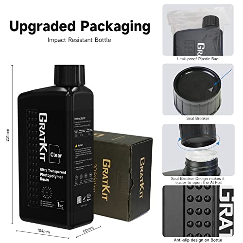 GratKit Ultra Transparent 3D Printer Resin, Non-Yellowing, High Clear 405nm Rigid Photopolymer Resin for LCD DLP 3D Printing 1000g