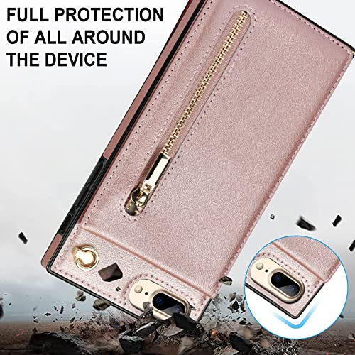 Jaorty Crossbody Phone Case for iPhone 8 Plus/7 Plus Case with Card Holder for Women,iPhone 7 Plus Case Wallet with Strap Lanyard for Men,PU Leather Magnetic Clasp with Kickstand 5.5", Rosegold