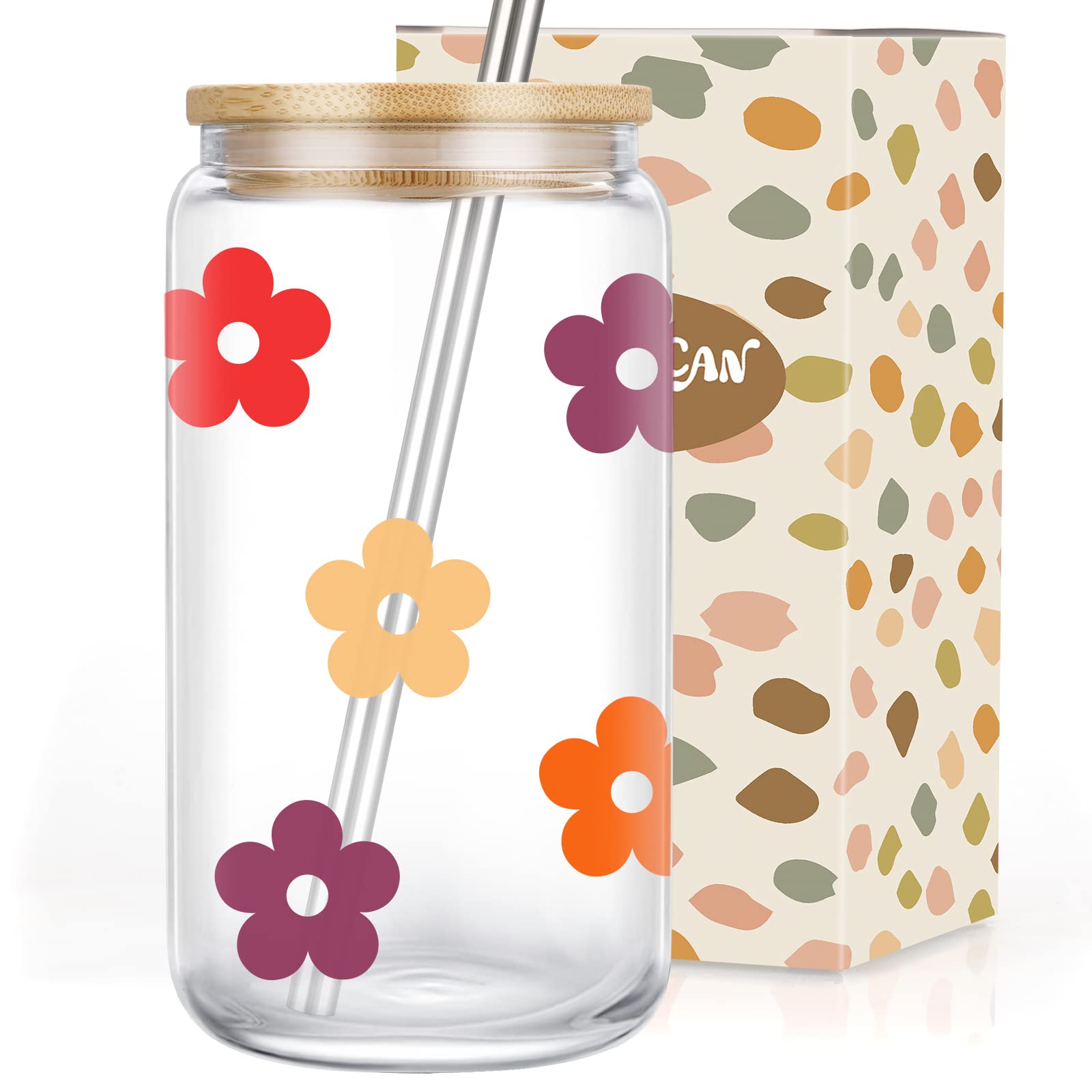 Coolife Retro Daisy Glass Cup - 16 oz Drinking Glass Cups w/Bamboo Lids Straws, Iced Coffee Cup, Cute Glass Tumbler for Coffee Smoothie Beer, Unique Mothers Day Birthday Gifts for Women Her