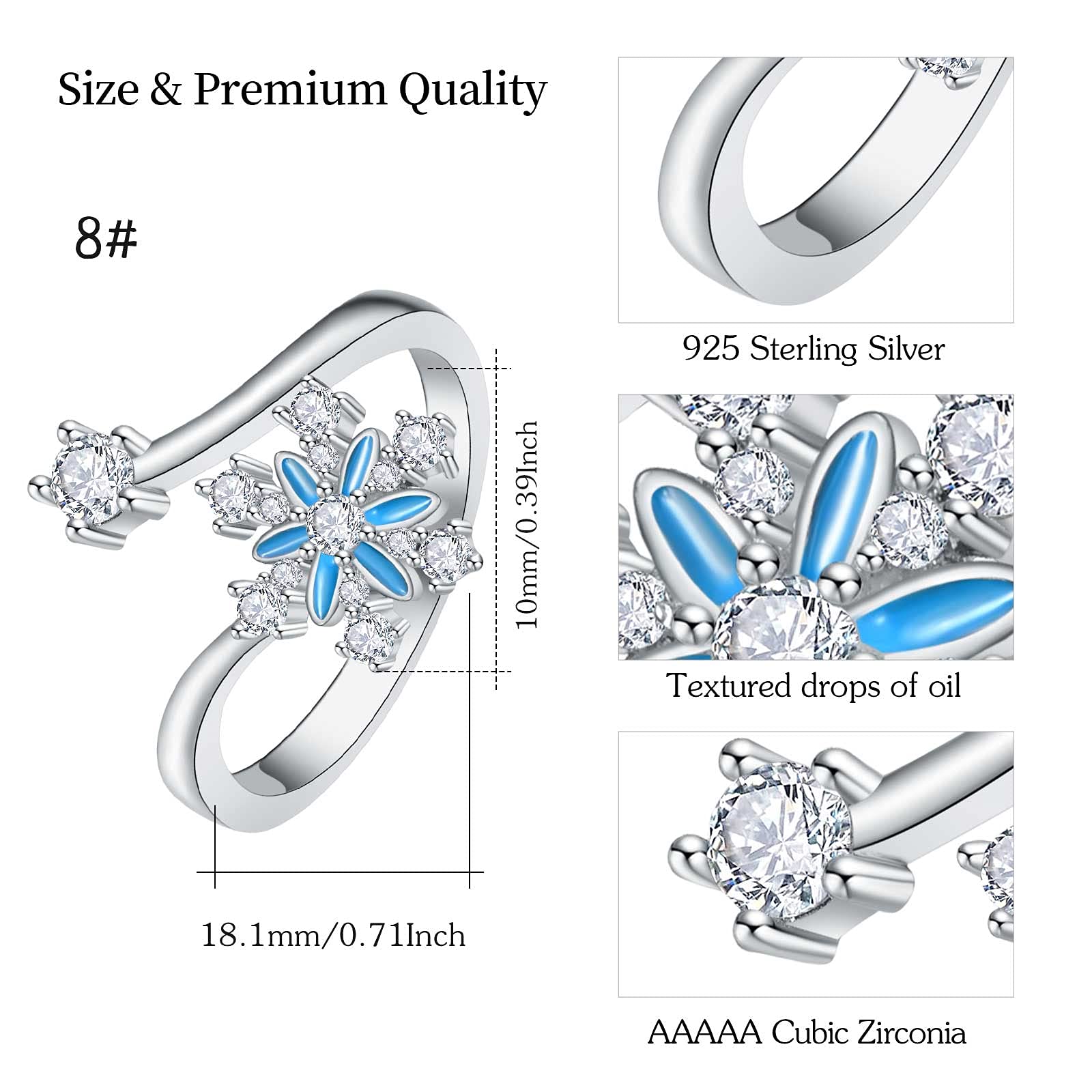 Cuoka Snowflake Ring, 925 Sterling Silver Snowflake Ring Open Statement Adjustable Rings Minimalist Ring Snowflake Jewelry Gifts for Women