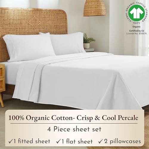 California Design Den 100% Organic Cotton Sheets for Queen Size Bed, Deep Pockets, Percale Sheets Queen, GOTS Certified, Soft Cooling Sheets, 4 Piece Bed Sheets Queen Sheet Set, White Sheets