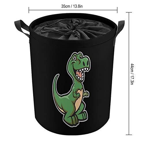 Happy Dinosaur Cartoon Laundry Basket Round Collapsible Storage Bin with Drawstring and Handle for Bedroom Bathroom Toys Room 17.3" X 13.8"