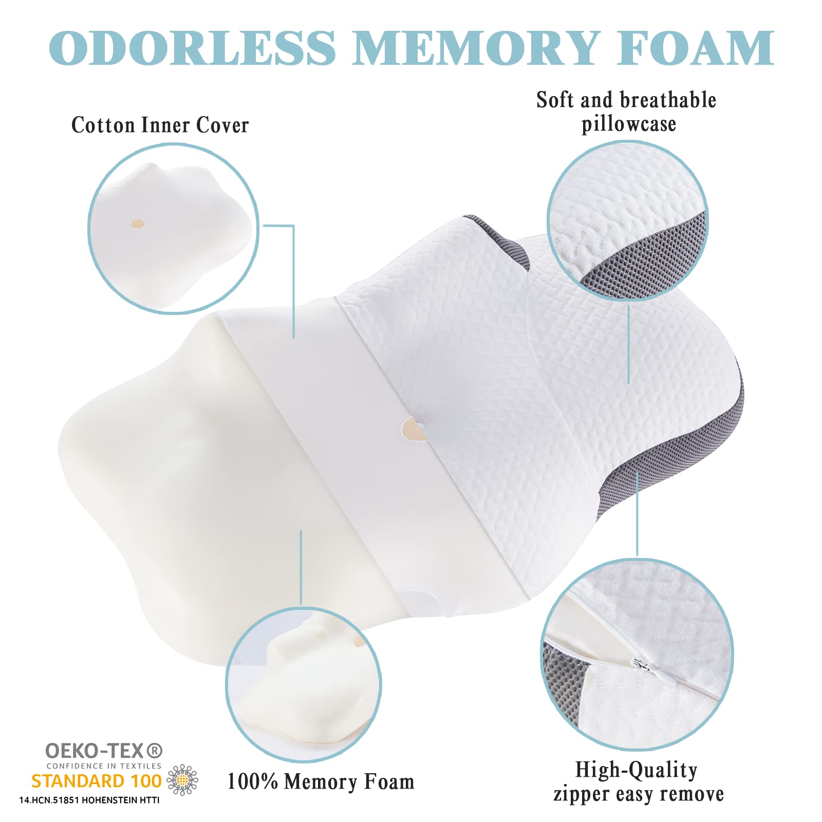 Cervical Memory Foam Pillow, Orthopedic Firm Soft Adjustable Hypoallergenic Ergonomic Contour Pillow for Side Back and Stomach Sleepers Grey