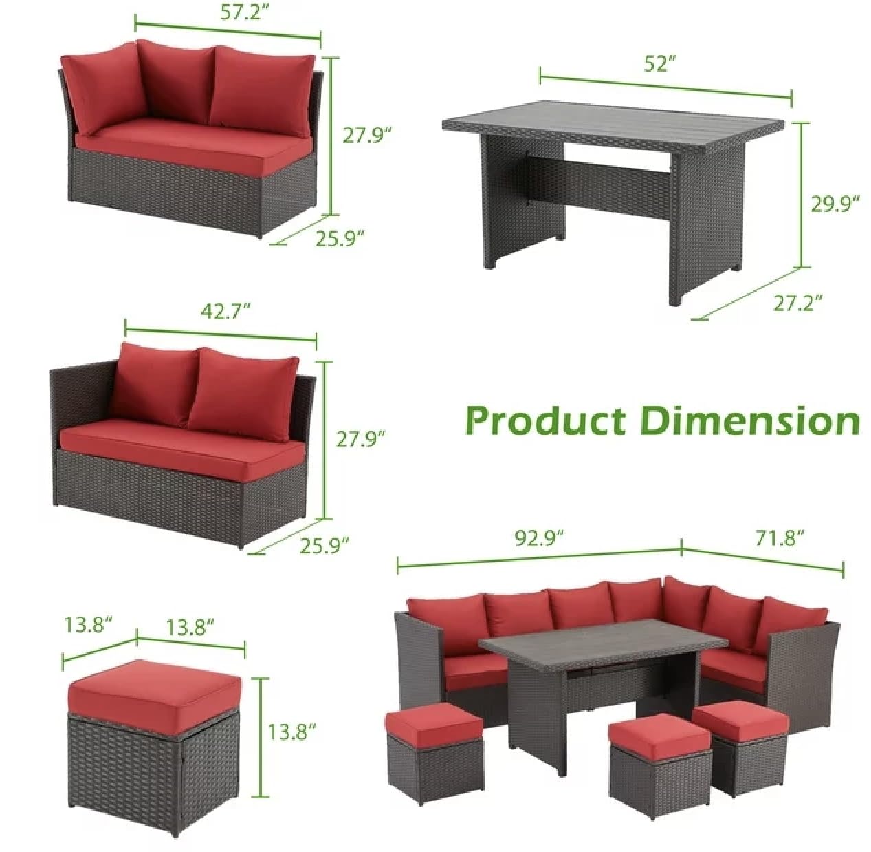 Generic 7 Piece Patio Conversation Set, Outdoor Sectional Sofa Rattan Wicker Dining Furniture, Gray (Red), dd1123