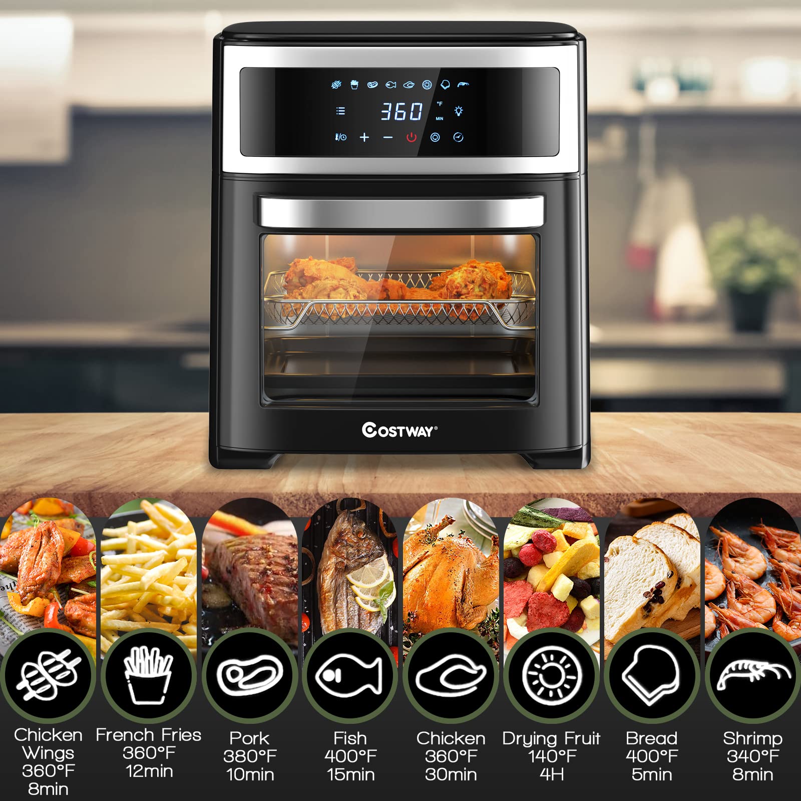 Costway 13.7-Quart Large Capacity Air Fryer with 8 Preset Cooking Menus, 360 Rapid Air Circulation Technology, 1700W Motor, Oil-Free Crispy Food, Smart Control Panel, 9 Accessories