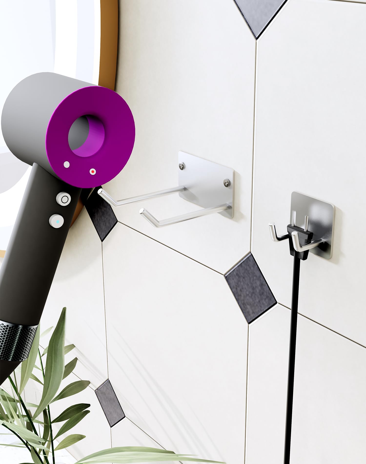 Hair Dryer Rack, Wall Mounted, Stainless Steel, Perforated Mount, Hair Dryer Rack with Plug Hook for Cabinet, Bathroom, Outdoor Hook Solid Stainless Steel