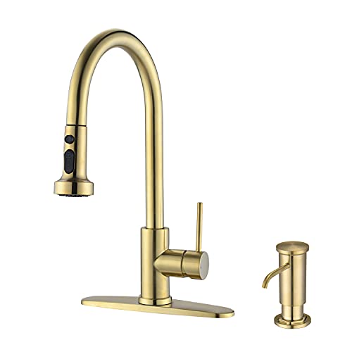 Cesicia Kitchen Faucet Set,Kitchen Sink Faucets with Pull Down Sprayer and Soap Dispenser,High Arc Tall Modern Single Handle Stainless Steel with 2 Modes,Brushed Gold