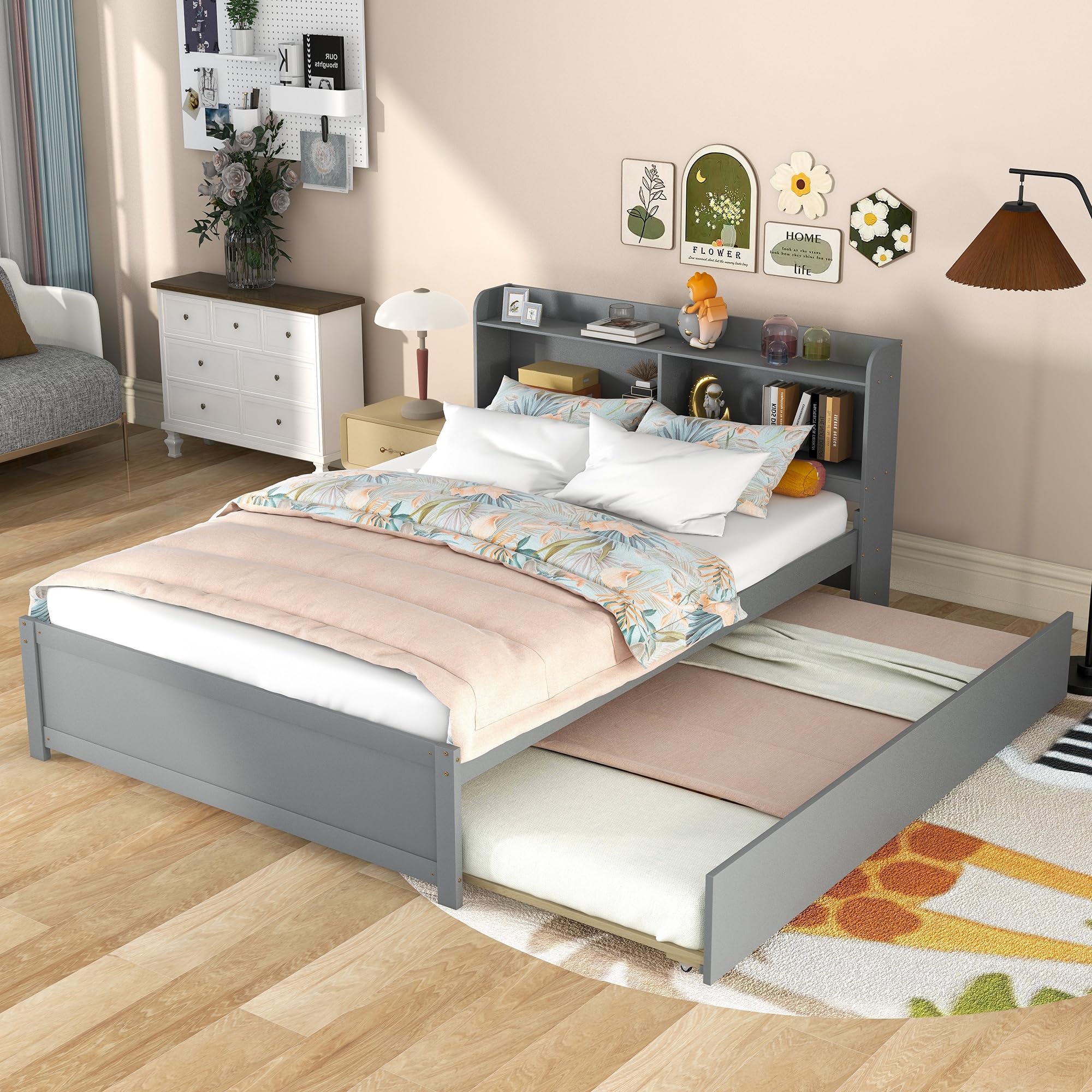 Full Size Bed Frame with Trundle,Captainâs Bed Full with Bookcase Headboard for Kids,Trundle Bed with Storage for Kids,Teens,Adults(Grey)