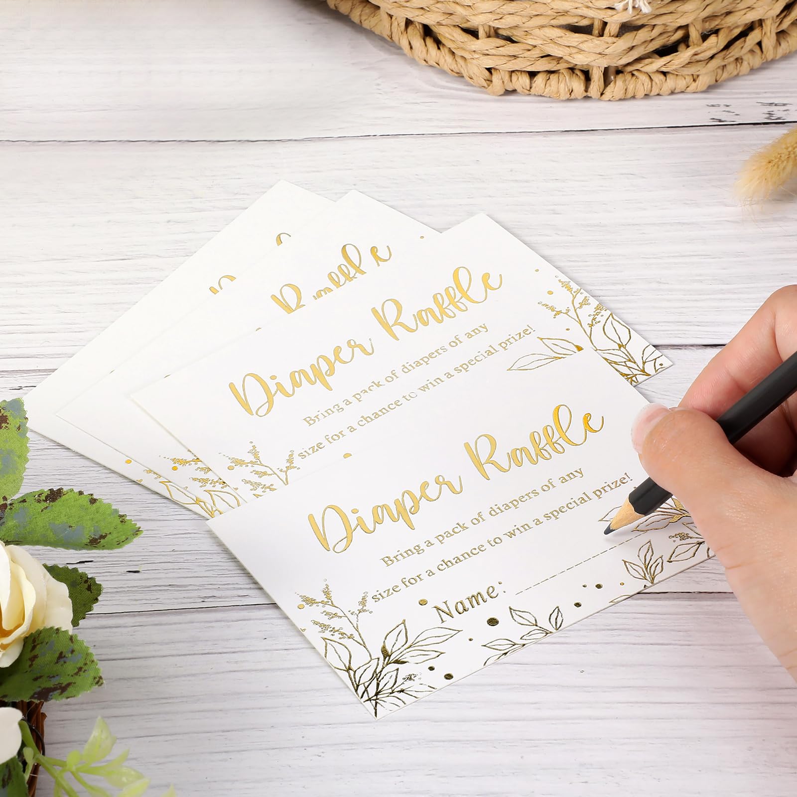 Funrous 51 Pcs Diaper Raffle Tickets with Holder White and Gold Themed Card Box for Baby Shower Party Game Kit Supplies