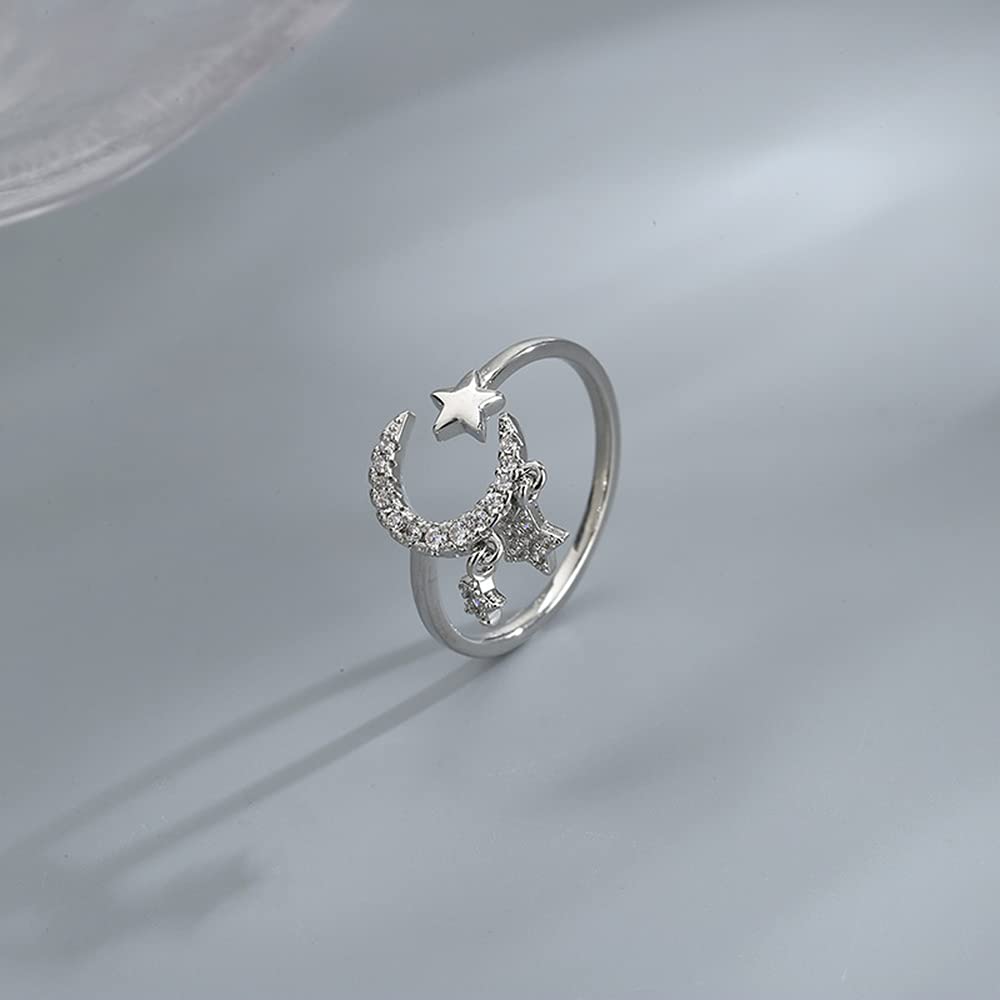 Crescent Moon Star Open Rings for Women Cubic Zirconia Dangle Tassel Adjustable Stacking Statement Knuckle Finger Ring Promise Wedding Promise Gift Anniversary Valentine's Day Fashion Jewelry Gifts Daughter