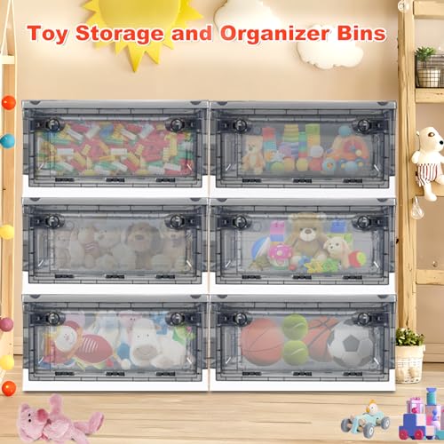 DR DAPPER Toy Box, Toy Organizers Storage Bins, Stackable Collapsible Storage Bins with Lids and Wheels, 3 Open Doors, Foldable Boxes Storage Containers for Toys, Plastic Toy Box