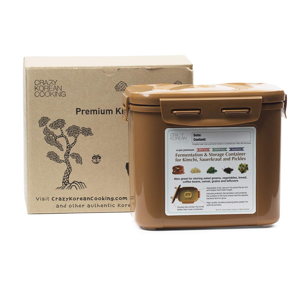 Crazy Korean Cooking Premium Kimchi, Sauerkraut Fermentation and Storage Container with Inner Vacuum Lid, Sandy Brown, 0.9 gallon (3.4 L) (0.9 Gal (3.4L) 1 PACK)