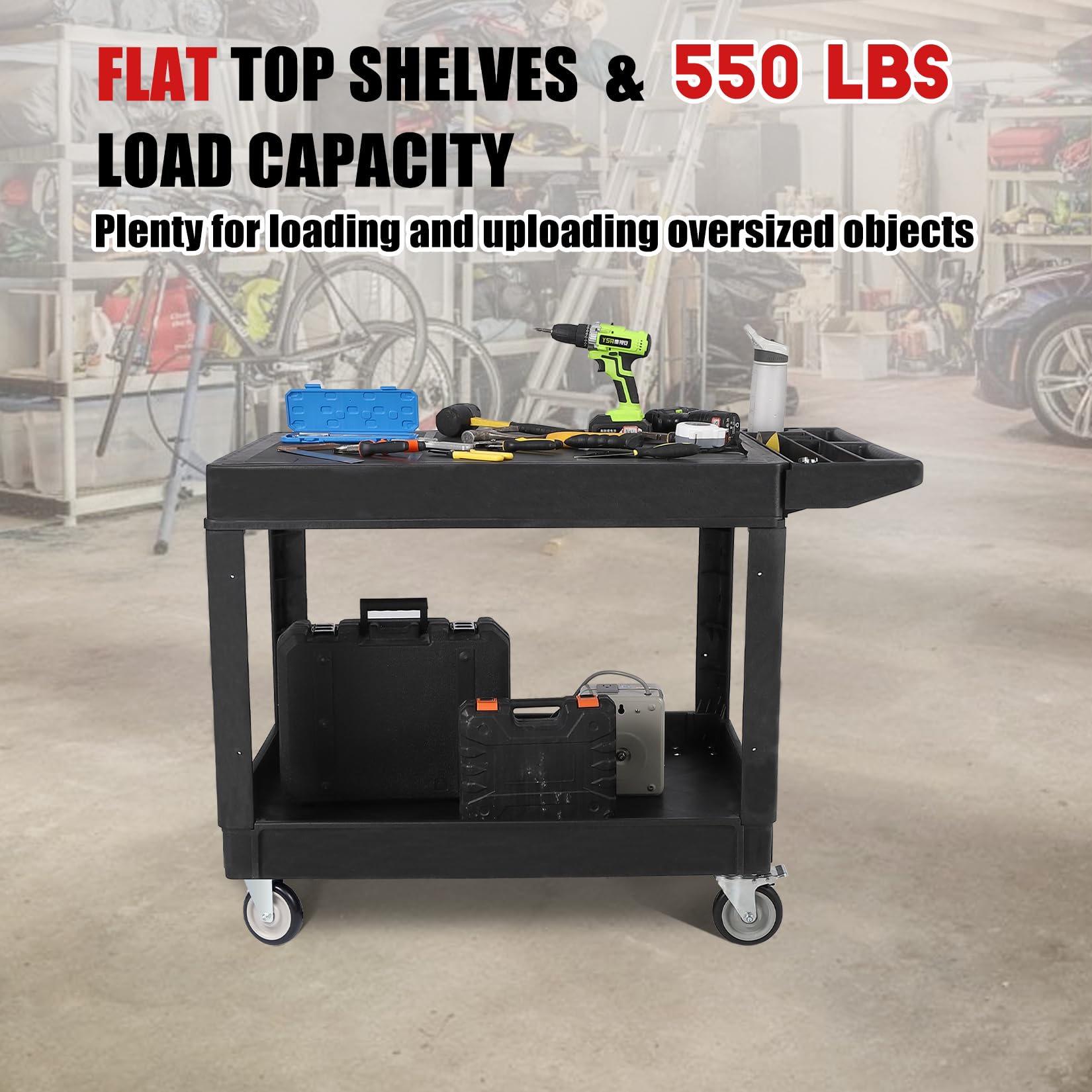 GarveeTech Utility Service Cart Flat top, 550 LBS Heavy Duty Plastic Rolling Utility Cart with 360°Swivel Wheels (2 with Brakes), 2 Shelves Work Cart Ergonomic Storage Handle for Warehouse Garage