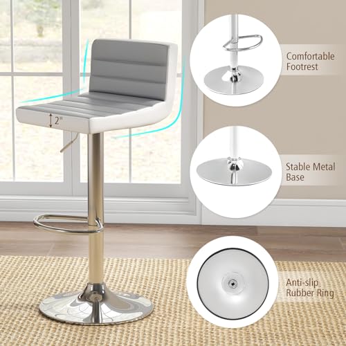 COSTWAY Adjustable Bar Stools Set of 4, Modern Swivel PU Leather Bar Chairs with Back, Footrest, Counter Height Upholstered Barstools for Kitchen Island Dining Living Room Bistro Pub Cafe, Grey+White
