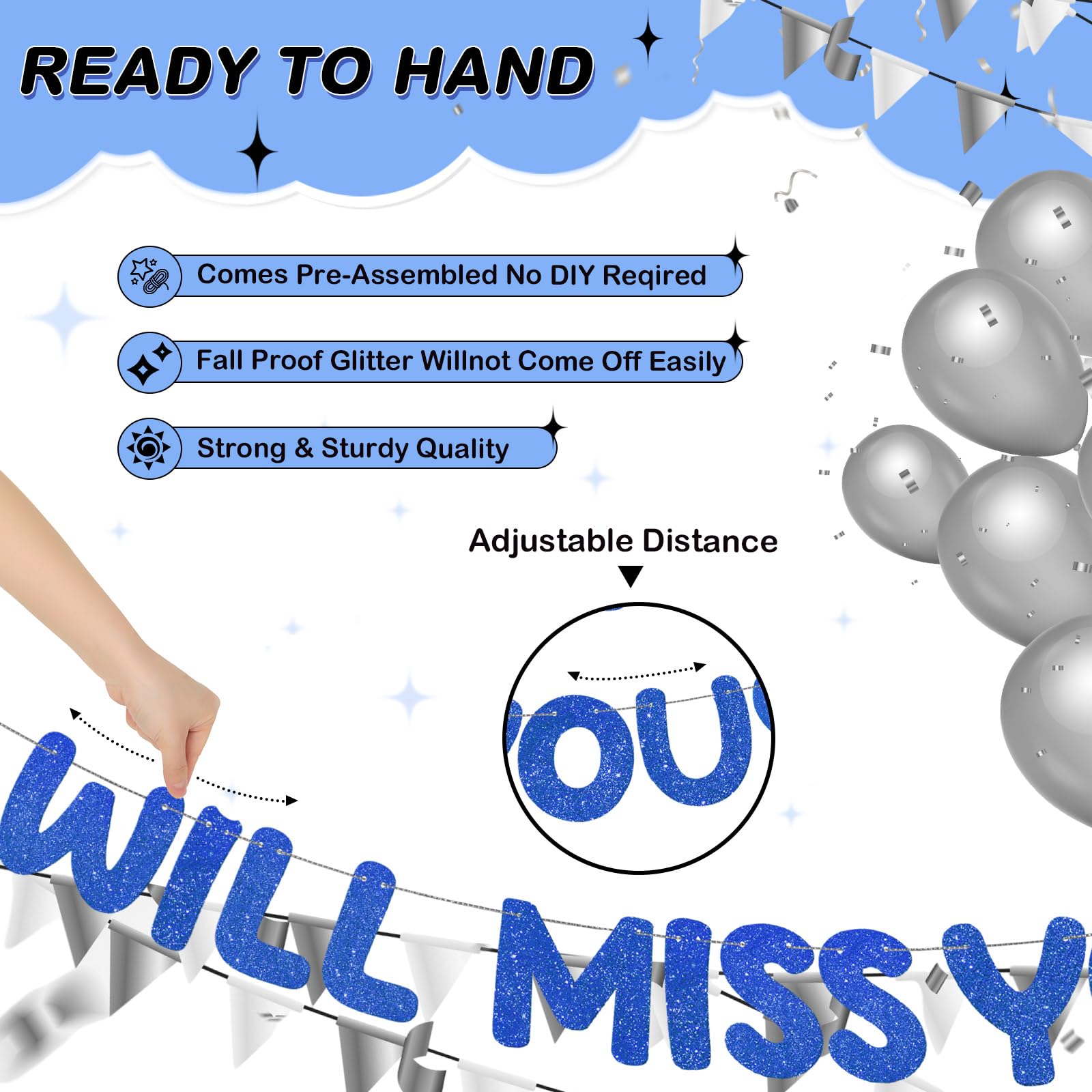 Fulmoon Pre Strung We Will Miss You Banner Glitter Bunting Graduation Retirement Party Decorations 8.2 ft Goodbye Decorations for Going Away Farewell Army Decorations Party Supplie(Navy Blue)
