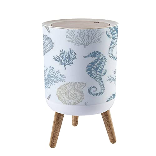 Small Trash Can with Lid Marine hand drawn sea shells stars seahorse coral Highly detailed Round Garbage Can Press Cover Wastebasket Wood Waste Bin for Bathroom Kitchen Office 7L/1.8 Gallon