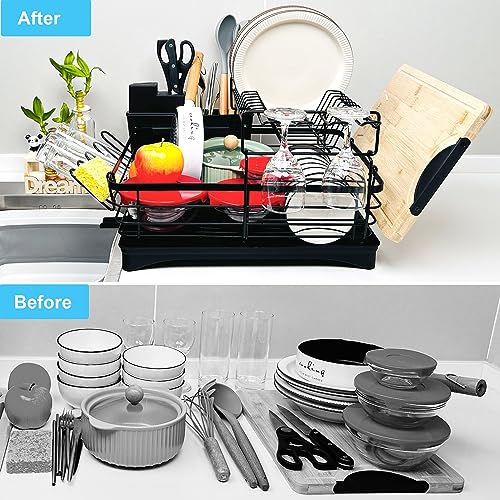 MontNorth Dish Drying Rack for Kitchen Counter, Large Rust-Proof Dish Strainer with Drainboard,2 Tier Dish Drainers with Utensil Holder, Cups Holder,Space-Saving, Easy to Assemble,Black