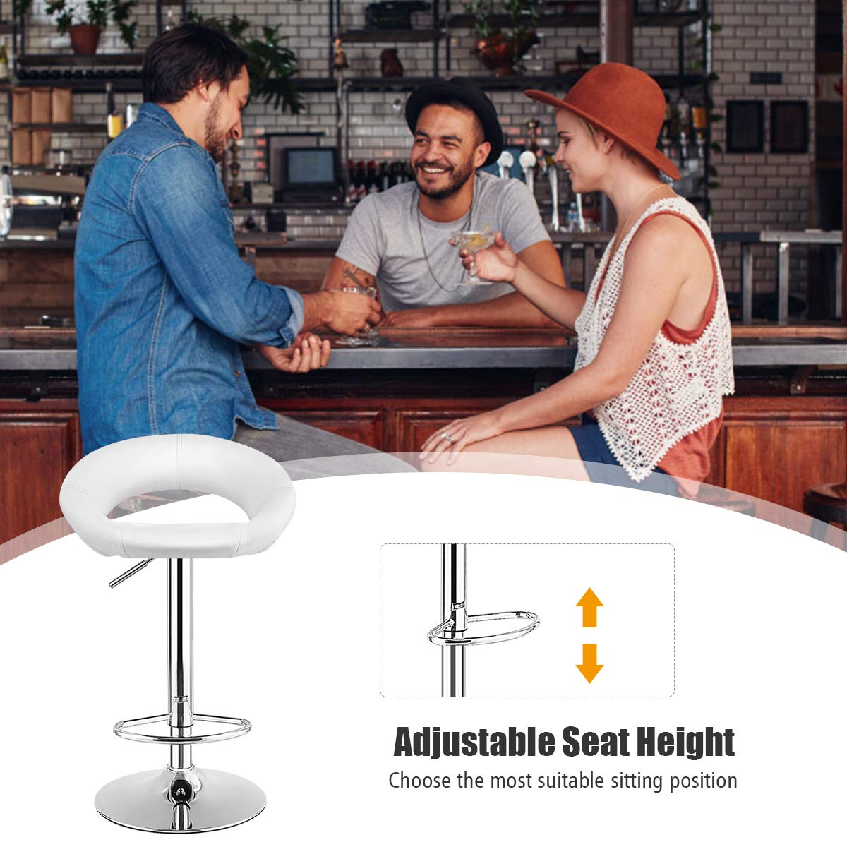 COSTWAY Bar Stools, Set of 4 Modern Swivel Adjustable Barstool, PU Leather Backless Stools, with Chrome Plated Footrest and Base, for Kitchen, Bistro, Pub, White