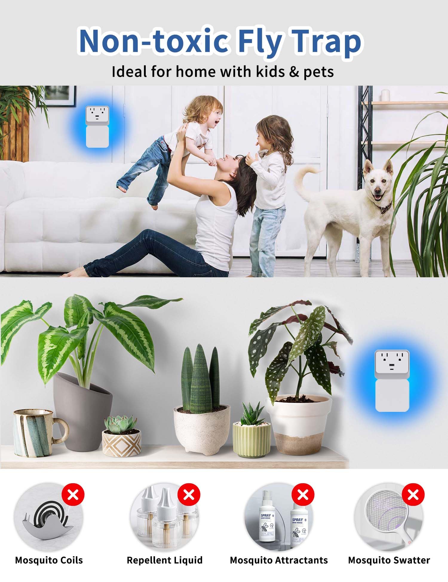 Fruit Fly Traps for Indoors Safe & Effective Plug in Fly Trap Indoor Flying Insect Trap for Fruitflies, Moths, Gnats, Oth Flying Insects with Multi Plug Outlet Extender with USB and 6 Fly Trap Refill