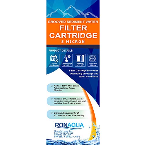 Grooved Sediment Water Filter Cartridge by Ronaqua 10"x 2.5", Four Layers of Filtration, Removes Sand, Dirt, Silt, Rust, made from Polypropylene (2 Pack, 5 Micron)