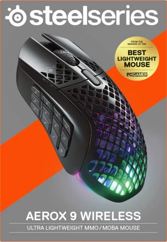 SteelSeries Aerox 9 Wireless – Ultra-Lightweight Wireless Gaming Mouse – 18000 CPI – TrueMove Air Optical Sensor - Water Resistant– 180 Hour Battery – 18 Programmable Buttons