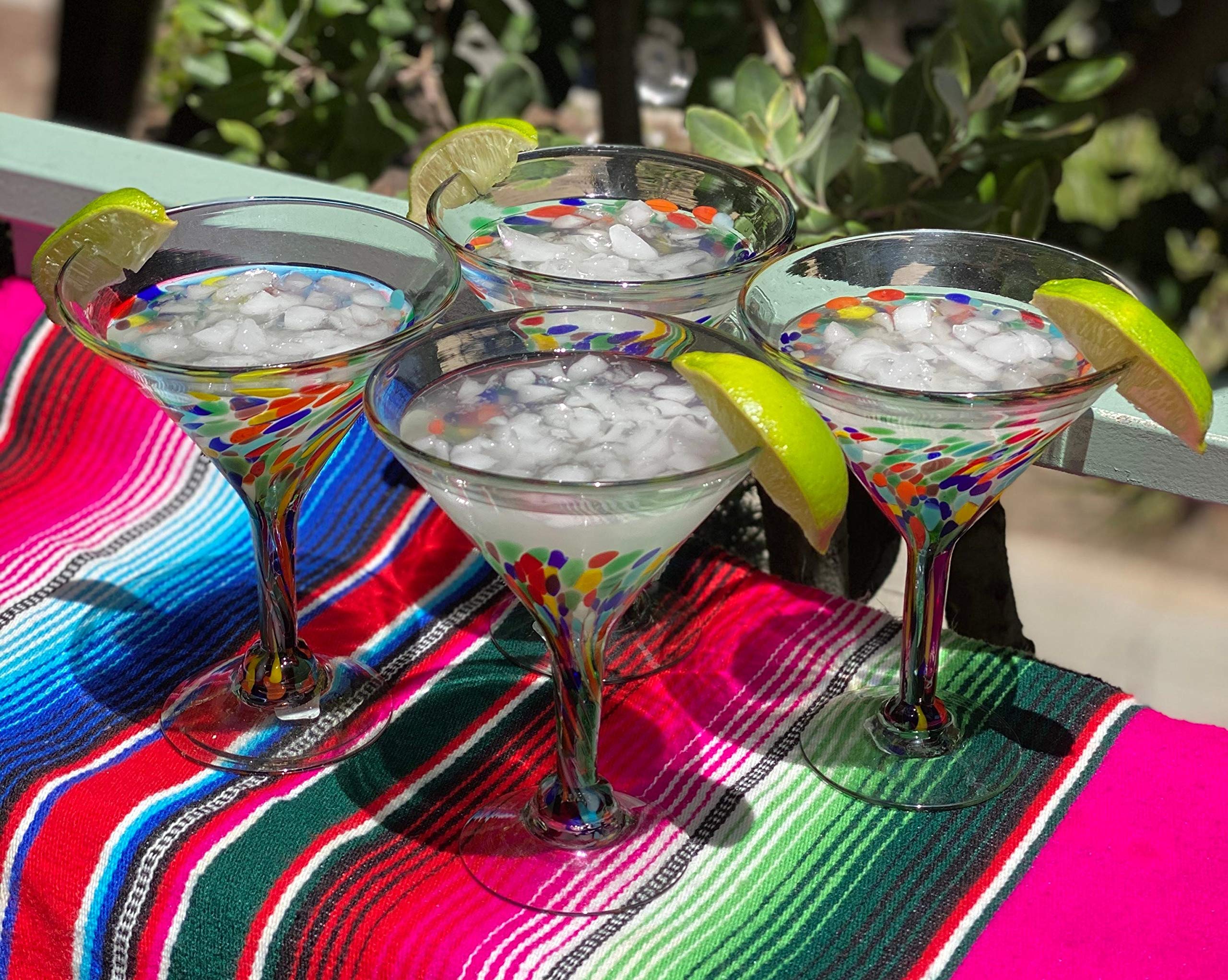Dos Sueños Mexican Hand Blown Glass – Set of 4 Hand Blown Modern Margarita Glasses - Confetti Carmen (12 oz)