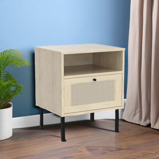 Lamerge Rattan Nightstand Set of 2, Wooden End Table, Modern Side Table with 2 Storage Drawer, Accent Table for Living Room, Bedroom and Small Spaces, Black