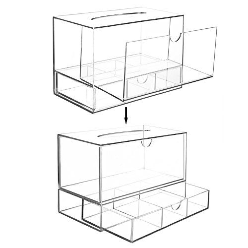 Modern Clear Acrylic Cosmetic Organizer with Pull Out Makeup Storage Drawer with Tissue Box Dispenser - Countertop Bathroom Supplies Holder