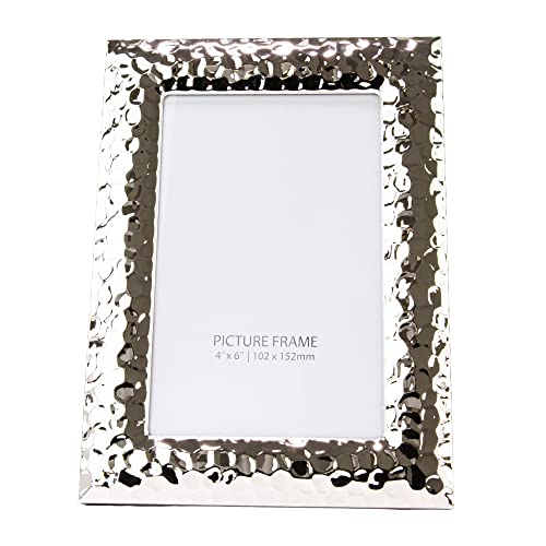 Modern Designer Silver Plated Steel Metal 4x6 Picture Frame with Hammered Frame | Luxurious Black Velvet Backing | Portrait or Landscape