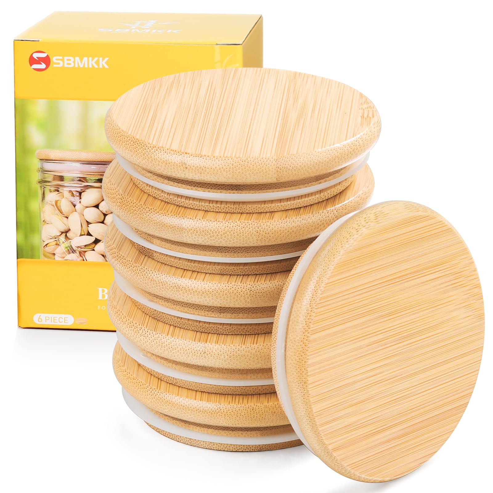 SBMKK Bamboo Lids for Mason Jars Regular Mouth, 2.8inch /70mm Natural Decorative Wood Mason Jar Lids for Storage (regular mouth 6X)