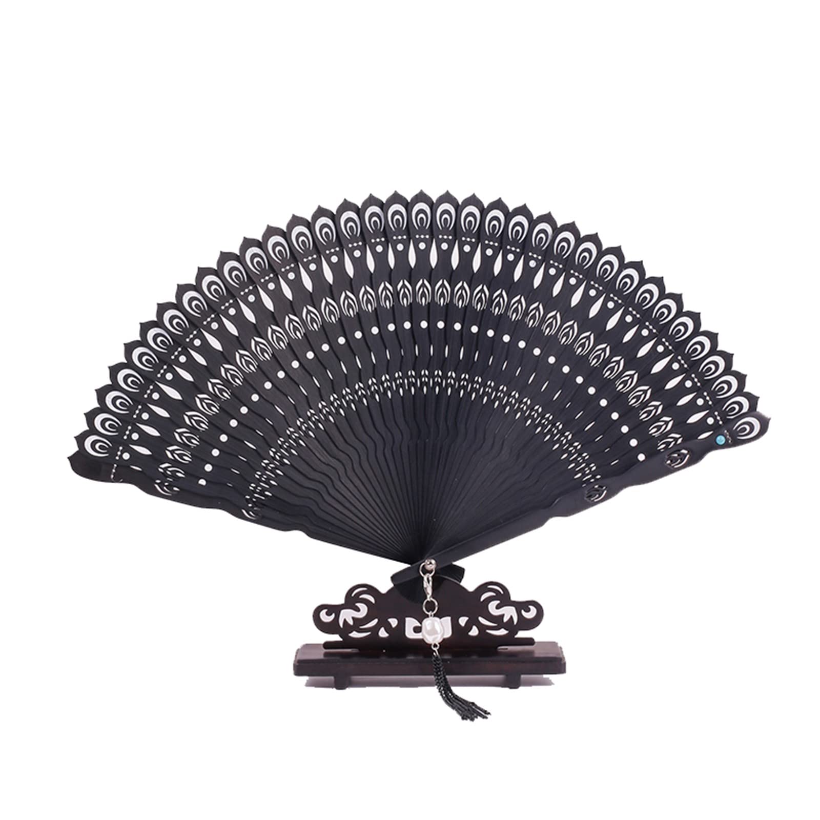 ERTUO Bamboo folding fan black hollow retro Hanfu cheongsam fan summer portable cooling fan