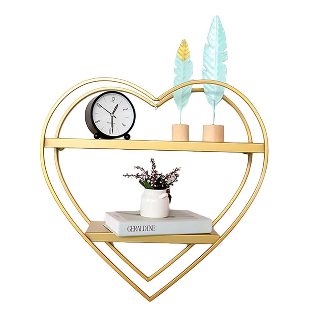 LiPengTaoHome Floating Shelves for Wall Heart-shaped Floating Wall Shelves 2 Tier Metal Wall Mounted Shelves Wall Shelf for Bedroom (Color : Gold, Size : 50 * 15 * 51cm)