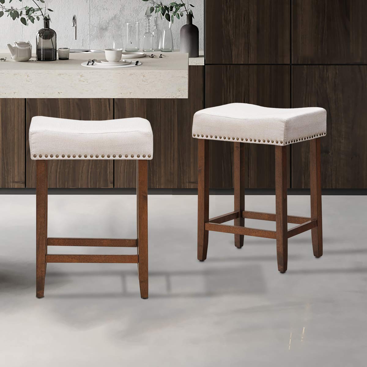 COSTWAY Saddle Stools Set of 2, 29-inch Counter Height Backless Stools with Brass Nailhead Trim, Solid Wood Legs, Foot Rest, Max Load 264 Lbs, Upholstered Bar Chair for Kitchen Island Pub, Grey