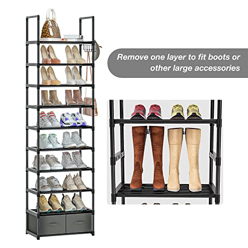 OYREL Sturdy Metal Shoe Rack Organizer,Narrow Shoe Racks for Closets, Shoe Stand,Shoe Shelf (10 Tier with 2 Boxes and 1 Hook)