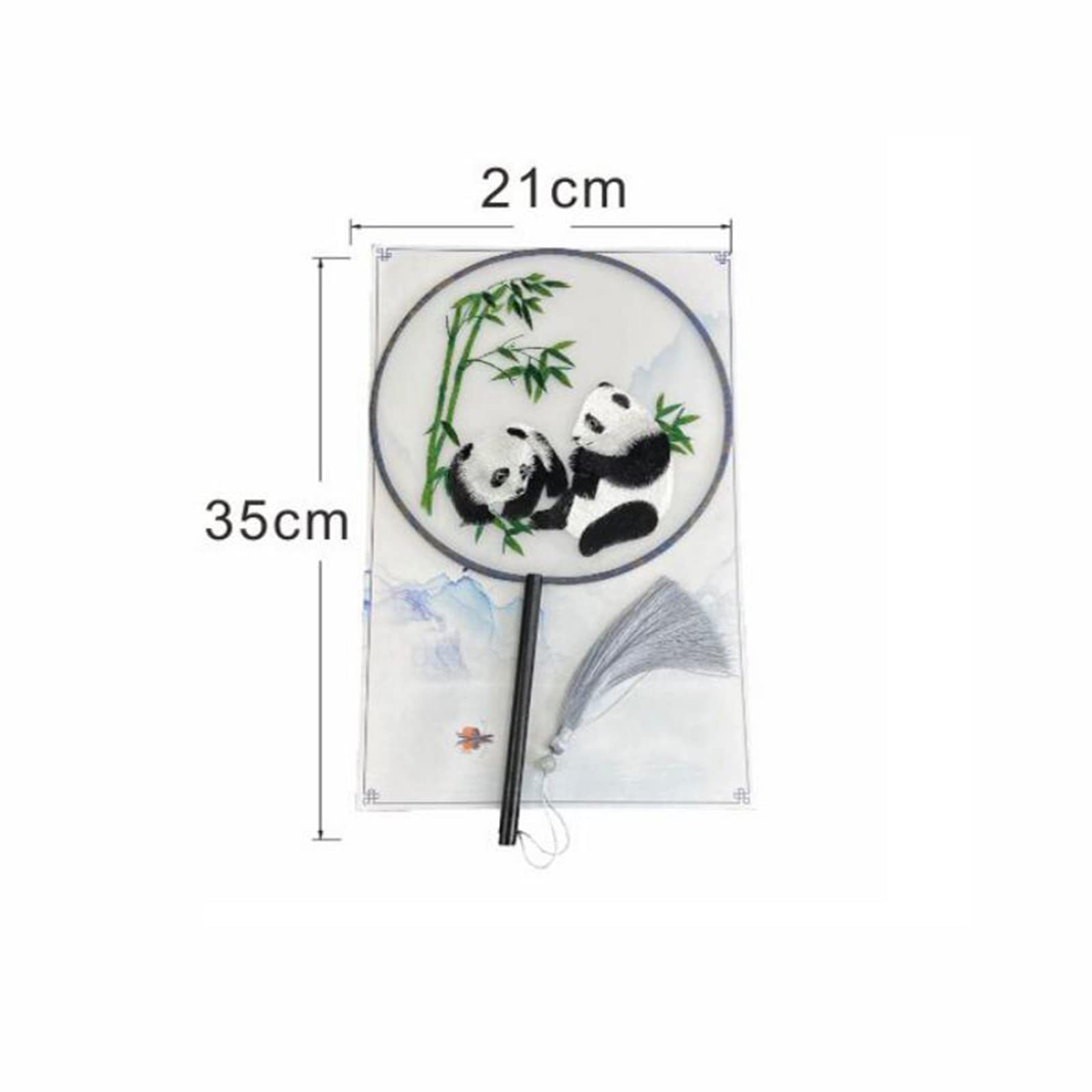 ERTUO Embroidered Long Handle Hand Fan Panda Embroidered Round Fan Semi-Transparent Retro Hanfu Dance Cheongsam Chinese Style Classical Fan