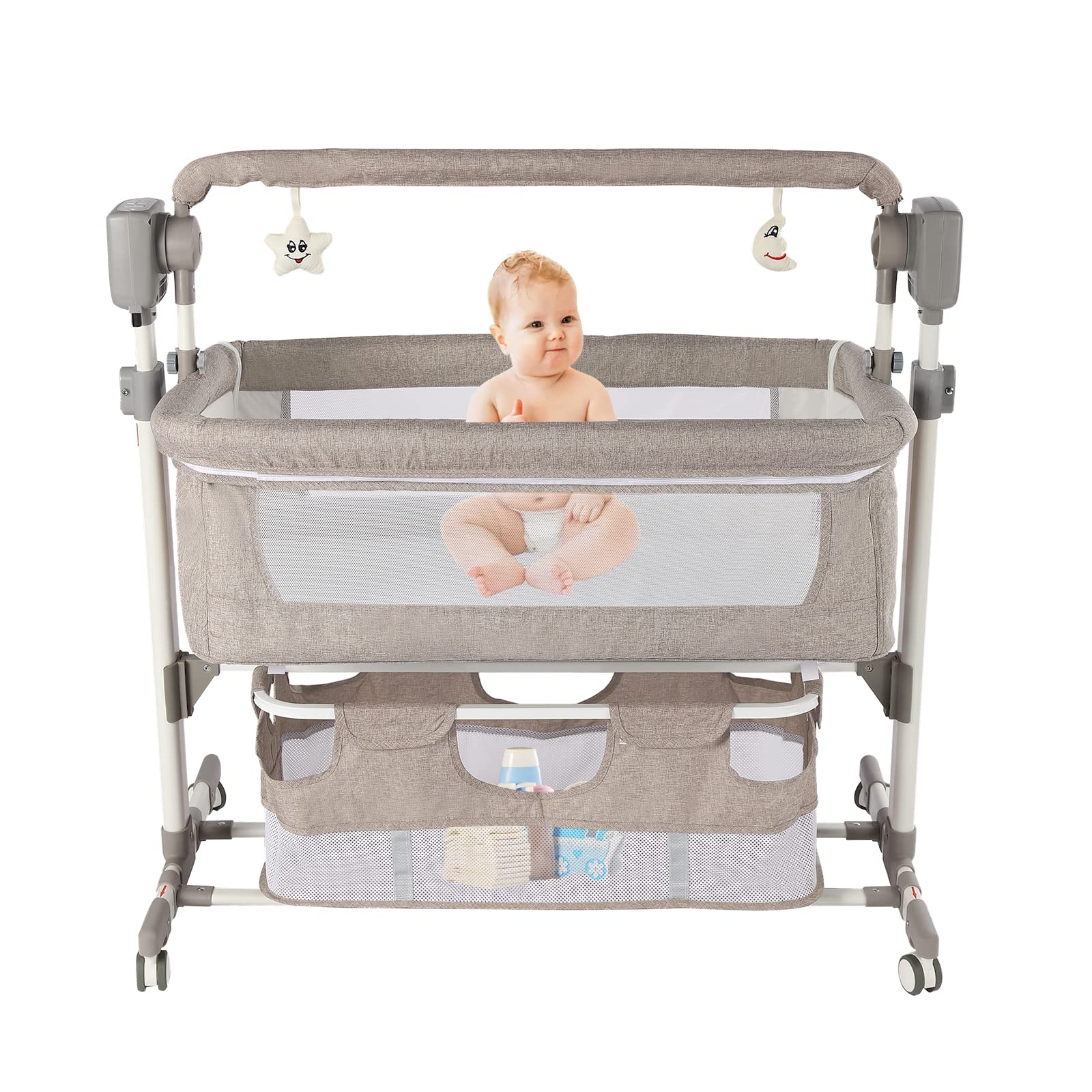 CNCEST Smart Electric Baby Bassinet Bedside Sleeper,Music Play,Automatic Cradle with 3 Speed Timing,5 Speed Wobbling,Portable Baby Bed Height Adjustable Crib,Nets+Mattresses